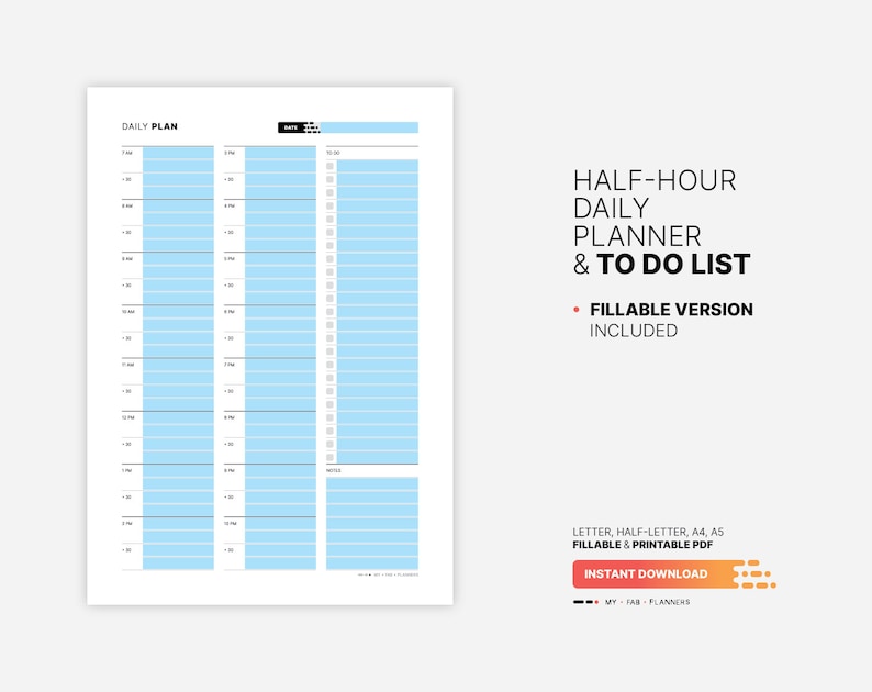 30 Minute Daily Planner With to Do List Template, Fillable Half Hour ...