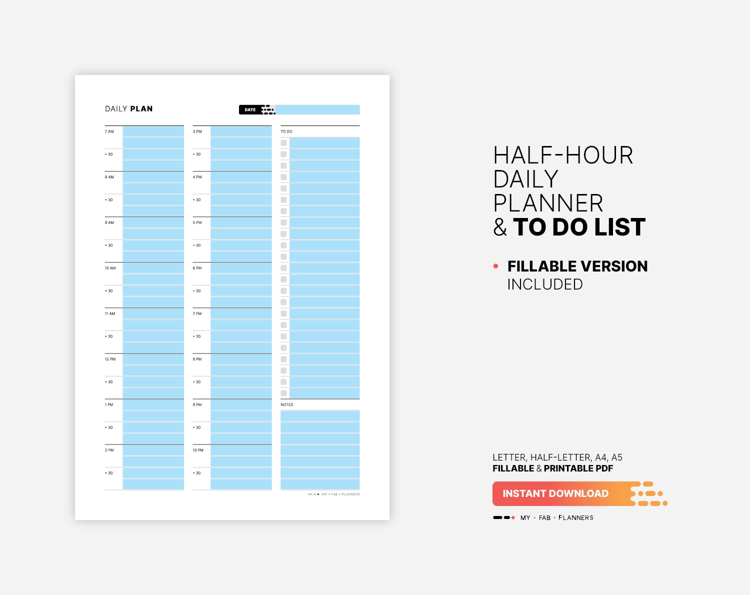 30 Minute Daily Planner With to Do List Template, Fillable Half Hour ...