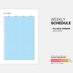 Weekly Schedule Template, Hourly Block Timetable Planner, Week on 2 ...