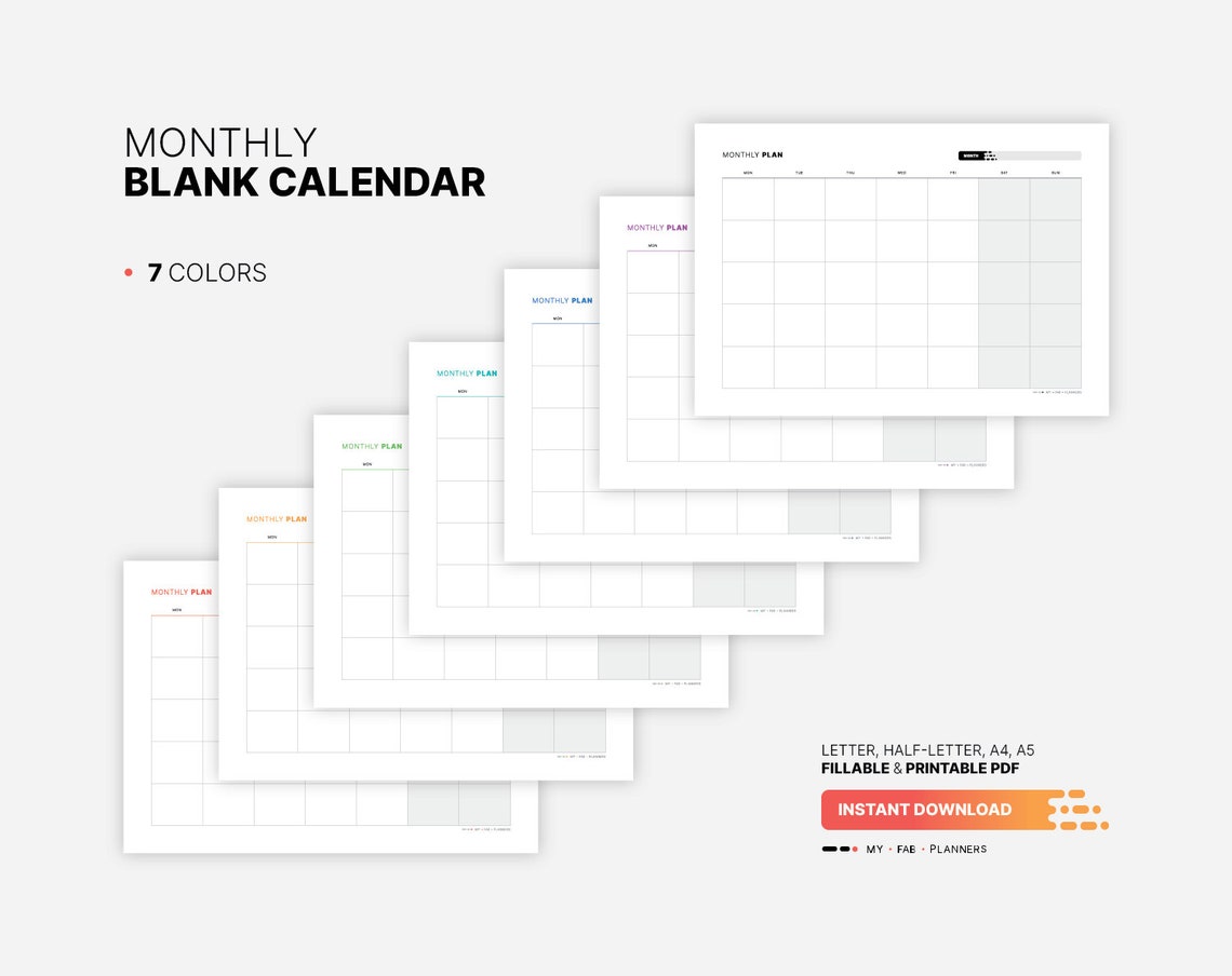 Monthly Blank Calendar Printable Landscape Insert Fillable - Etsy