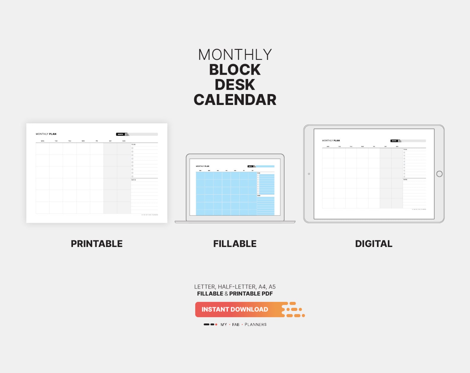 Monthly Block Desk Calendar, Fillable Blank Blocks Planner, Month at a ...