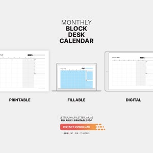 Monthly Block Desk Calendar, Fillable Blank Blocks Planner, Month at a ...