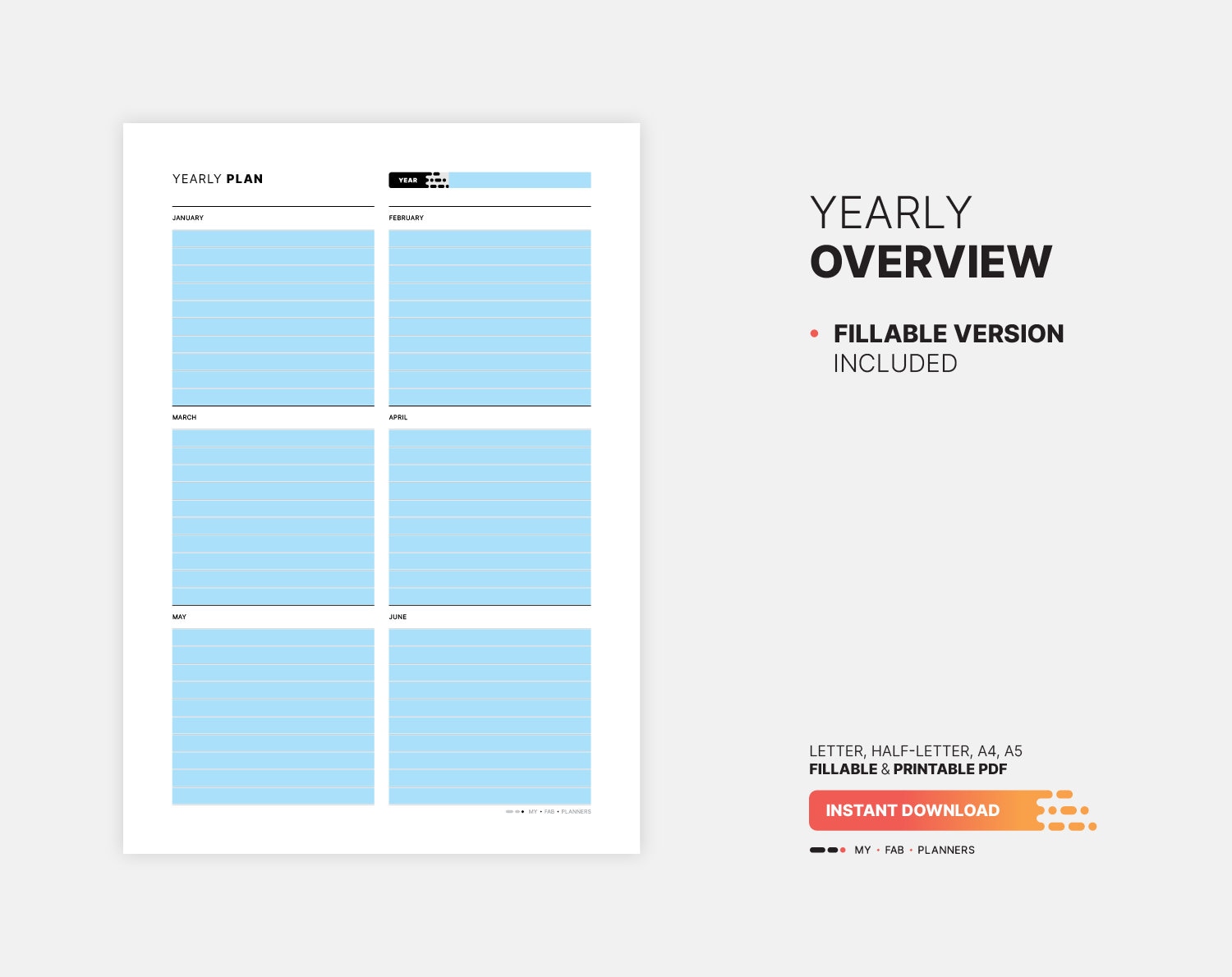 Yearly Overview Planner, Digital Year at a Glance Template, Fillable ...