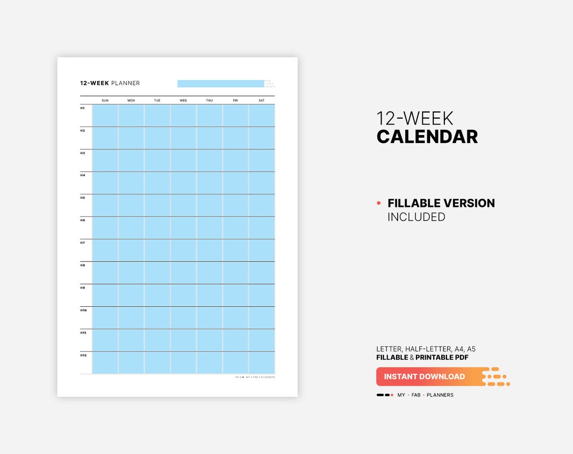 12-week Goal Wall Calendar, Fillable Quarterly Work & Productivity ...