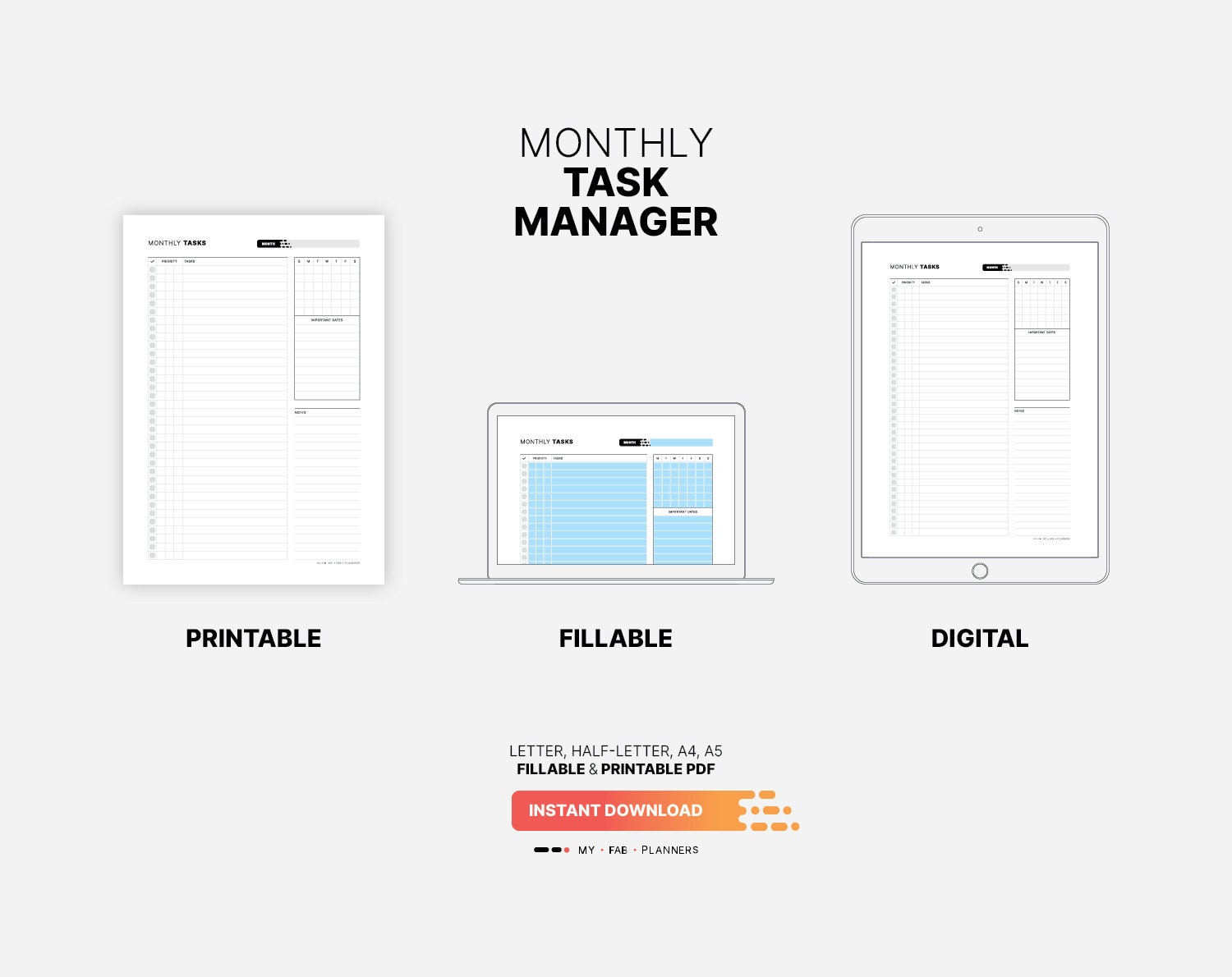 Monthly Task Manager & Planner, Printable to Do List Template, Work ...