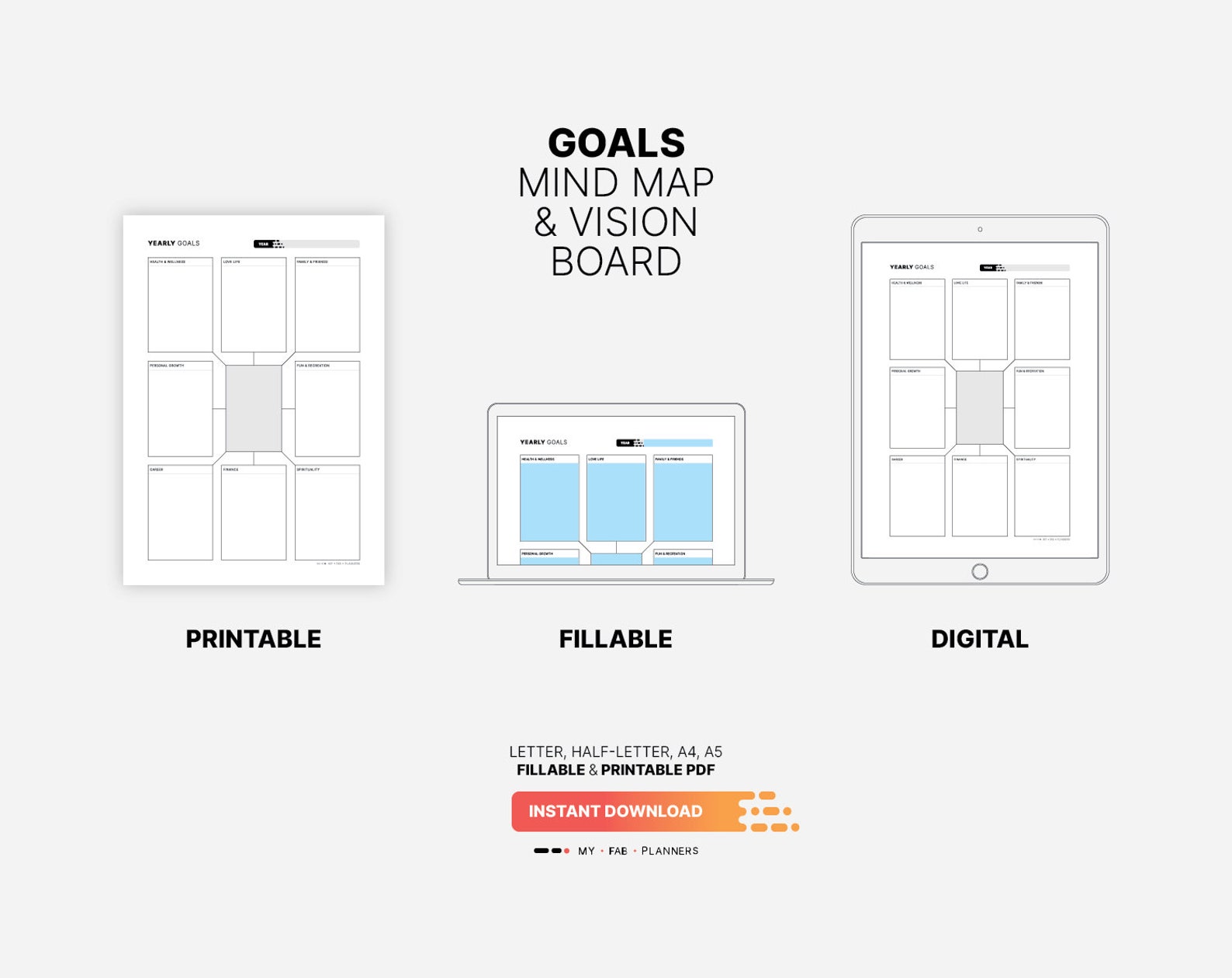 Goal Setting Mind Map & Vision Board, Printable Yearly, Quarterly ...