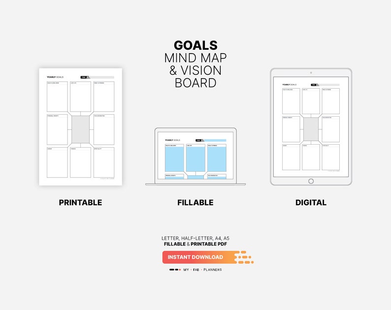 Goal Setting Mind Map & Vision Board Printable Yearly - Etsy