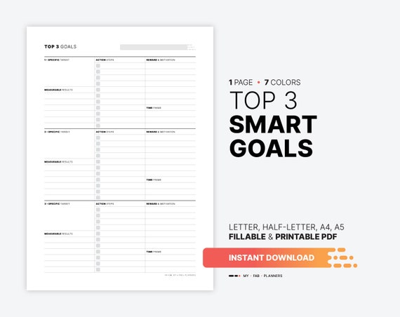 Top 3 SMART Goals With Action Plan Goal List & Setting | Etsy
