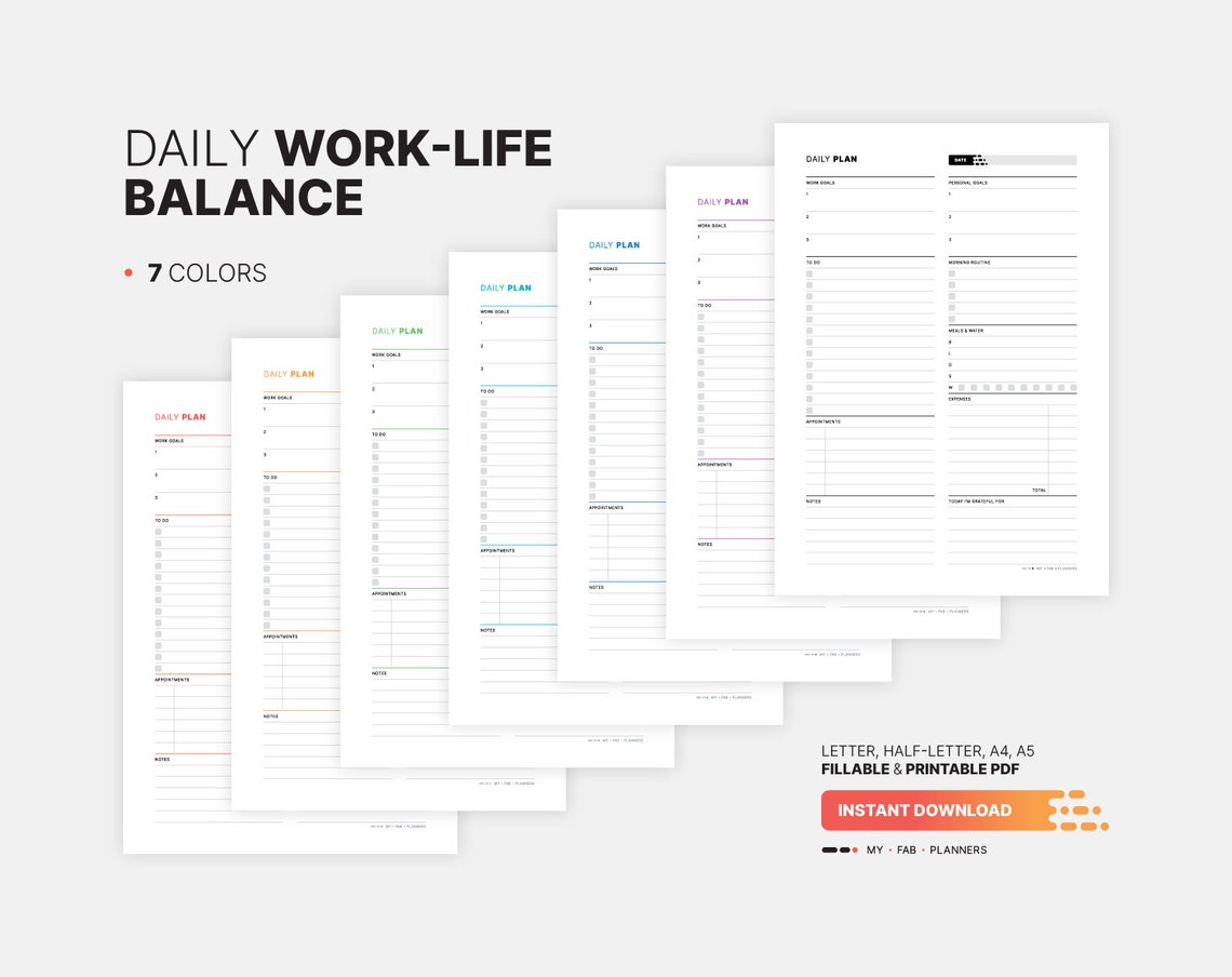 Daily Work Life Balance Planner, Fillable Goals, Work in Progress Log ...