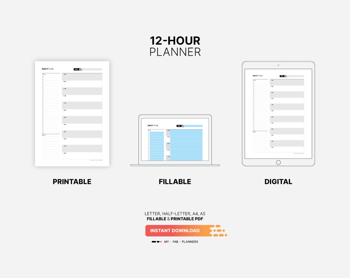 12-hour Planner, Printable Hourly Work, Study Task Schedule, Fillable ...
