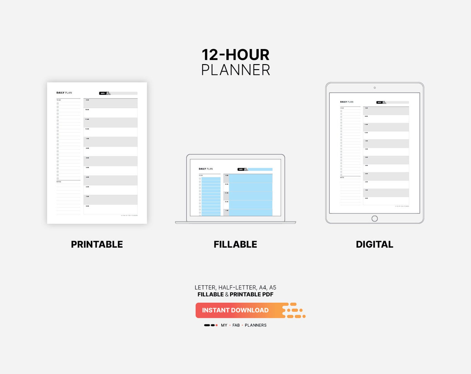 12-hour Planner, Printable Hourly Work, Study Task Schedule, Fillable ...