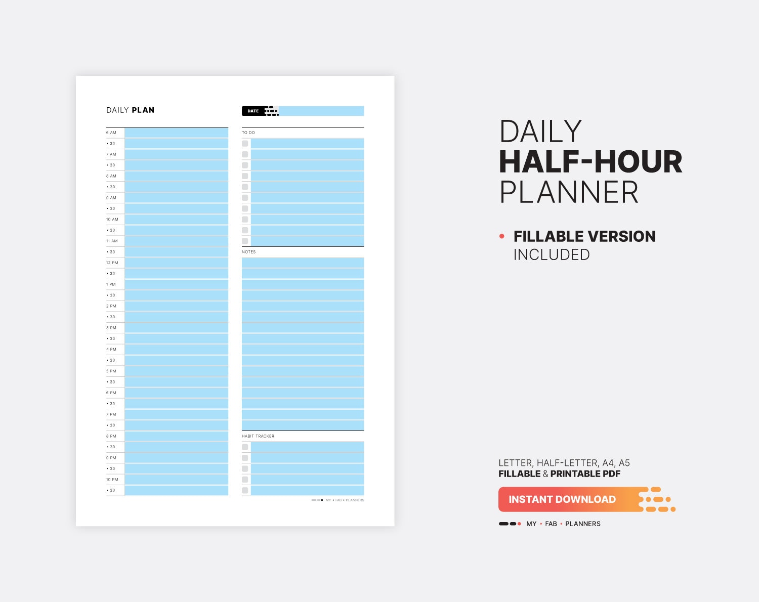 Half Hour Daily Planner, Block Time Schedule, Everyday Fillable Task ...