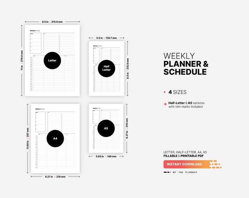 Weekly Planner, Schedule, Printable Week at a Glance Calendar, Fillable ...