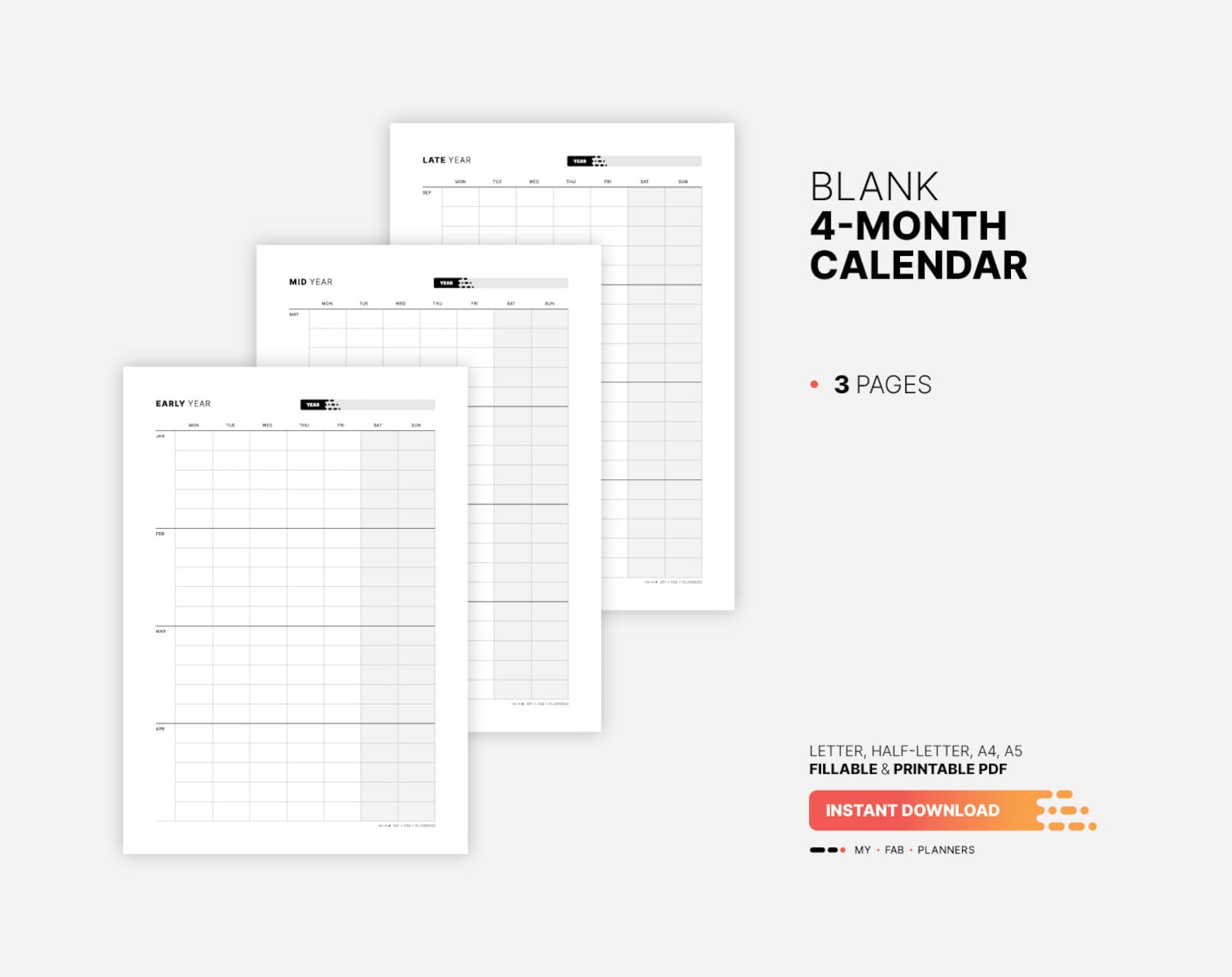 Yearly 4-month Calendar, Fillable Planner Template, Blank Yearly ...