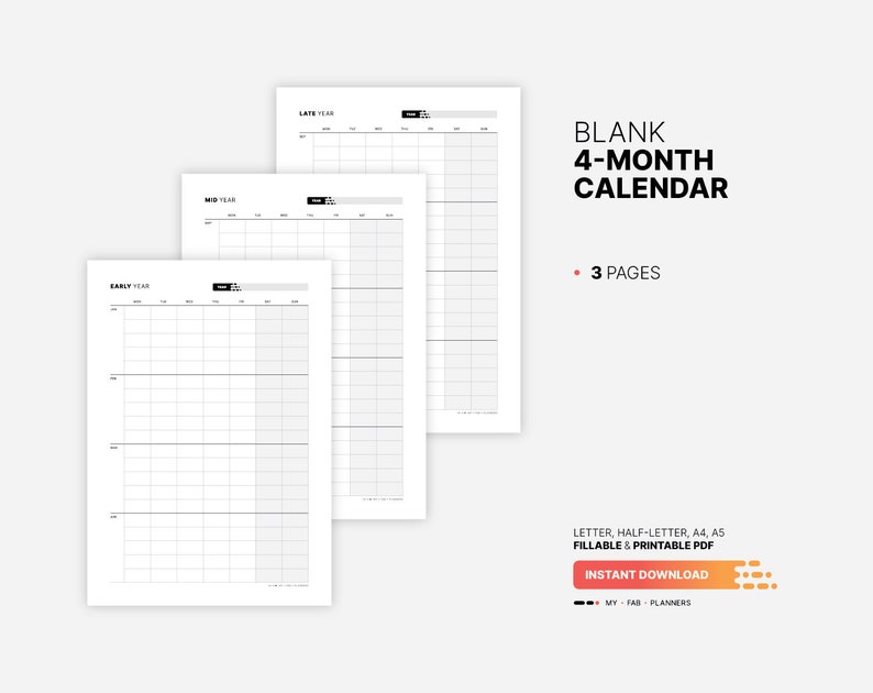 Yearly 4-month Calendar, Fillable Planner Template, Blank Yearly ...