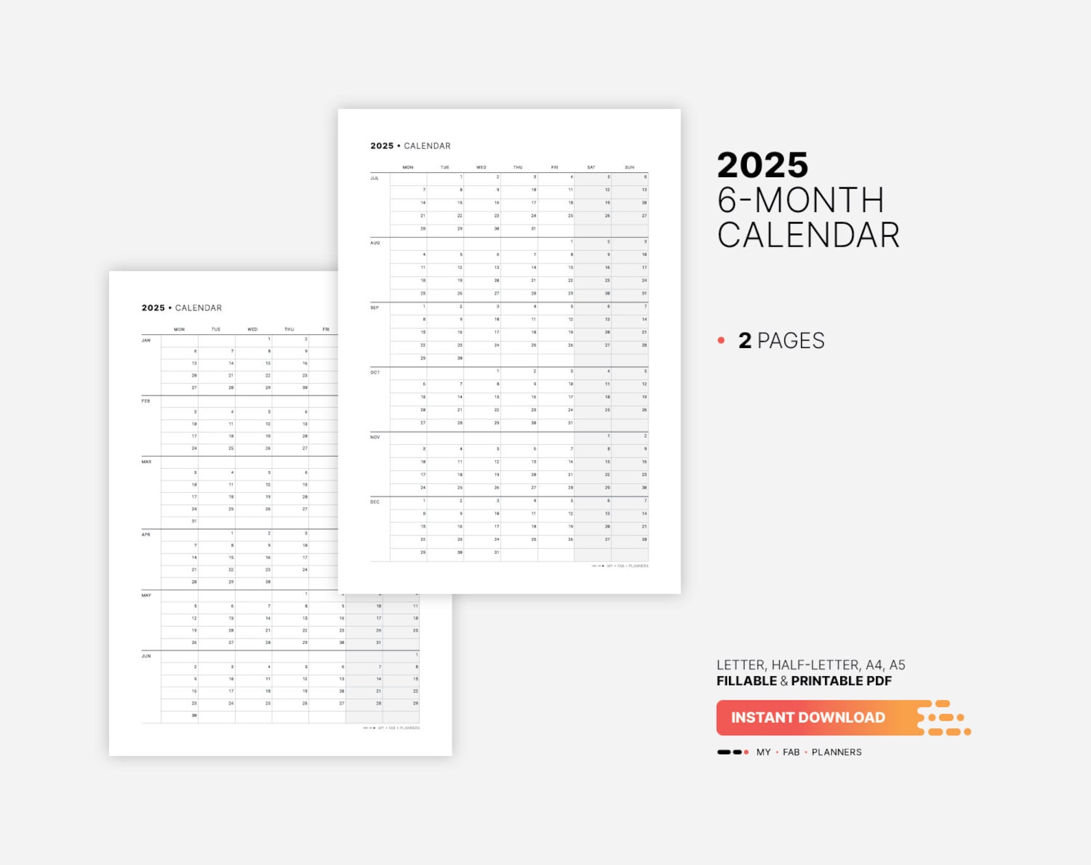 2025 6-month Calendar, Printable Family Important Dates Template ...