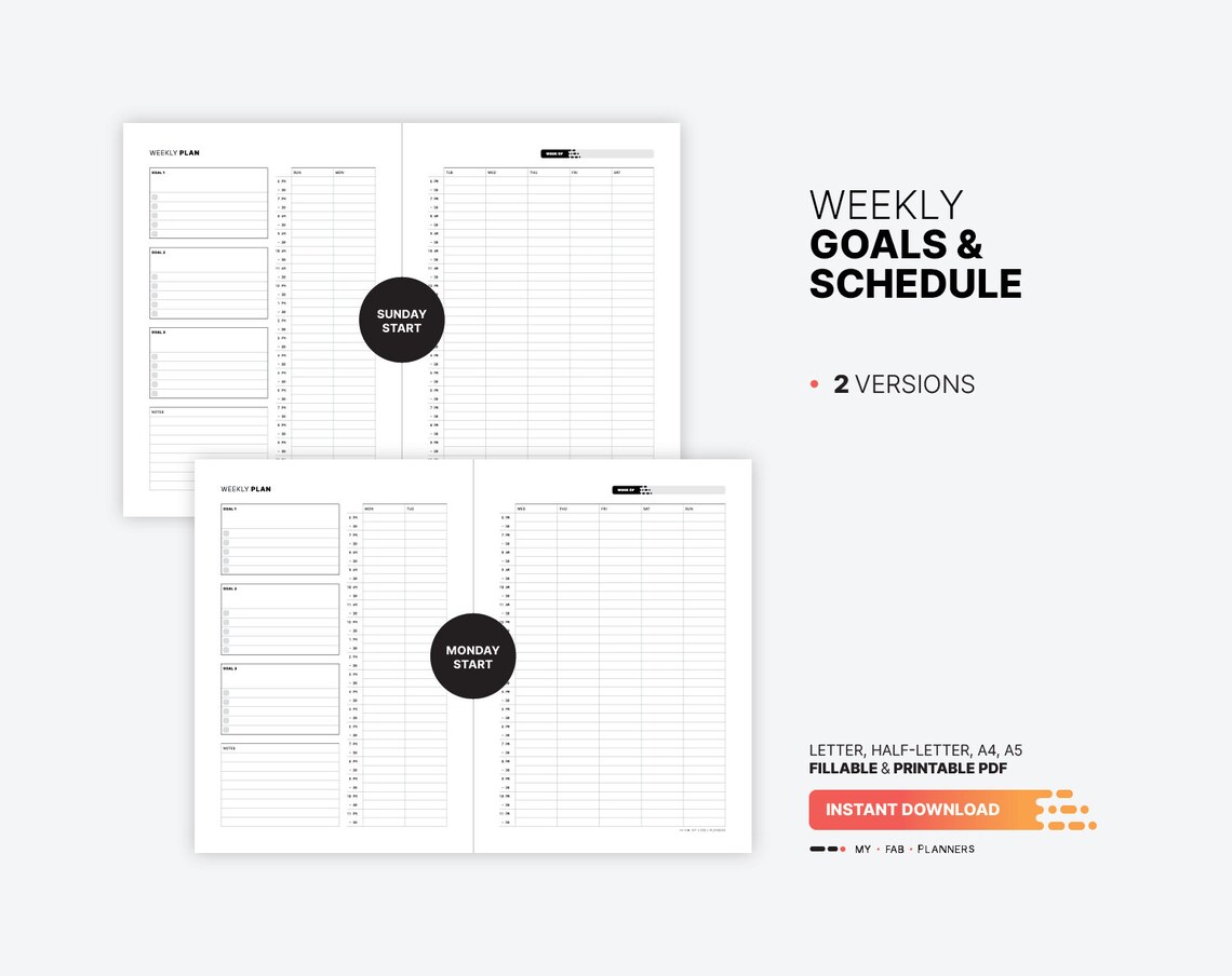 Weekly Goals Schedule Planner Printable Work Week - Etsy