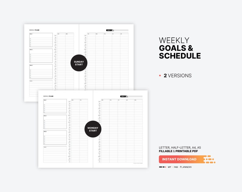 Weekly Goals Schedule Planner Printable Work Week - Etsy
