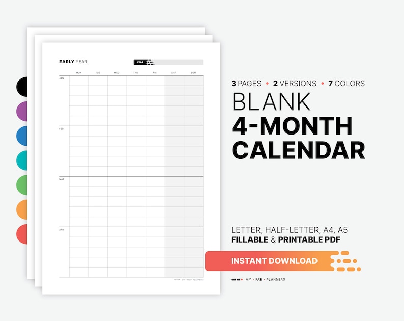 Yearly 4-month Calendar, Fillable Planner Template, Blank Yearly ...