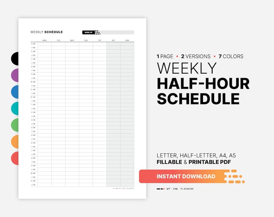 Weekly Half-hour Schedule, Printable Time Tracker, Digital Week at a ...