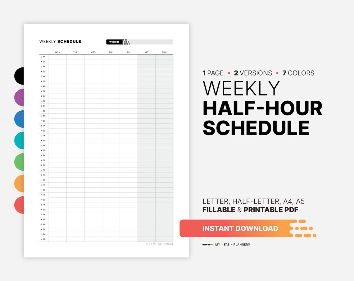 Weekly Half-hour Schedule, Printable Time Tracker (PDF Template) - Etsy