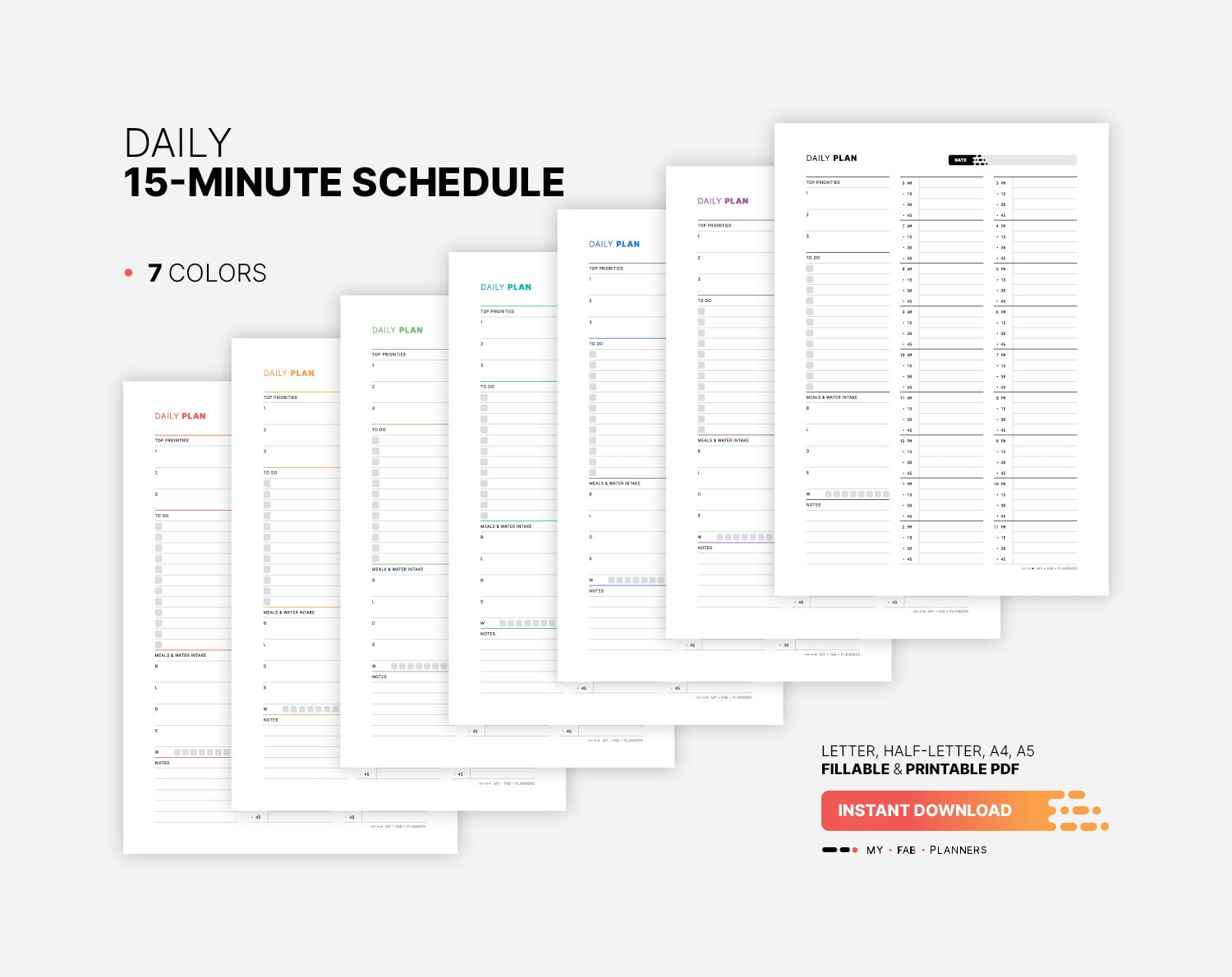 Daily 15-minute Schedule, Printable Work Chart Planner, Fillable ...