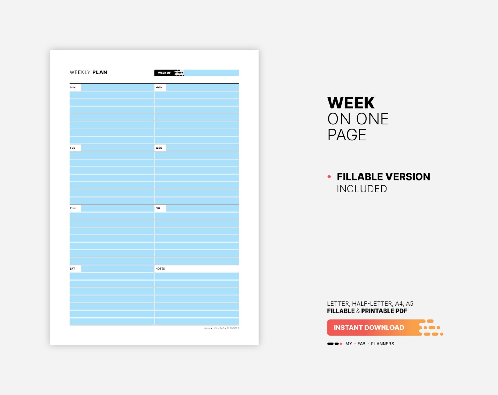 Week on One Page Overview, Organizer, Undated Fillable Weekly Routine ...