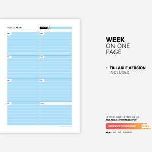 Week on One Page Overview, Organizer, Undated Fillable Weekly Routine ...