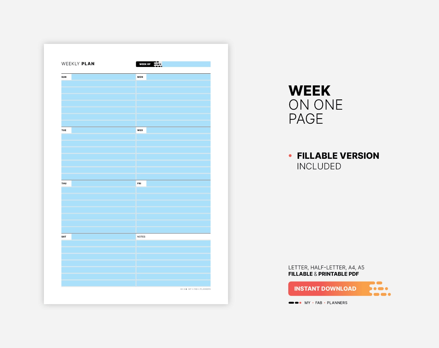 Week on One Page Overview, Organizer, Undated Fillable Weekly Routine ...
