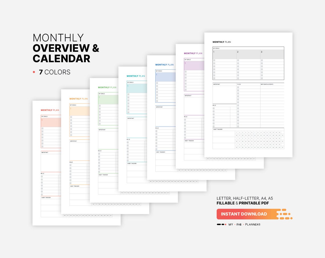 Monthly Overview, Printable Blank Calendar, Fillable Goal Setting ...