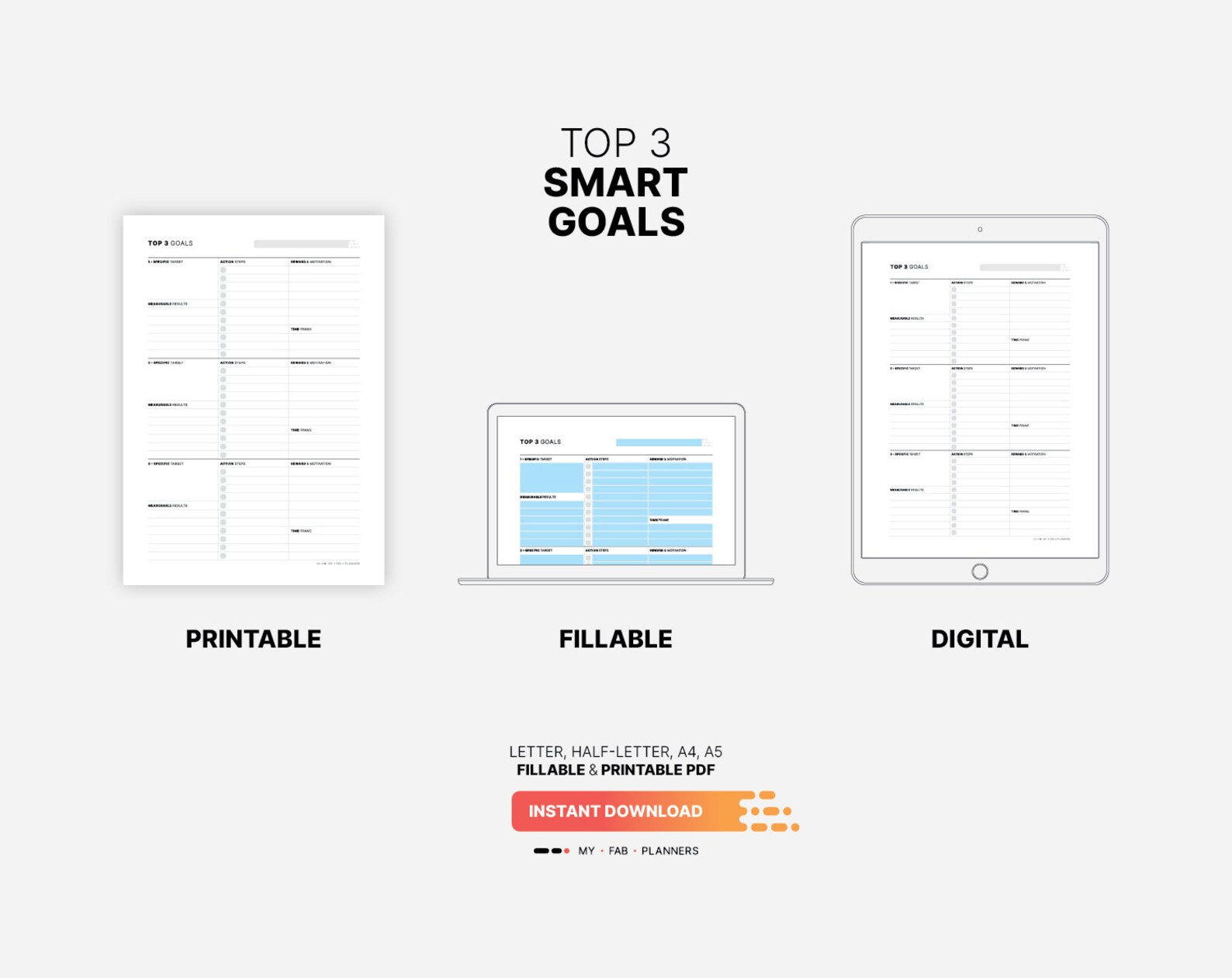 Top 3 SMART Goals With Action Plan, Goal List & Setting Printable ...