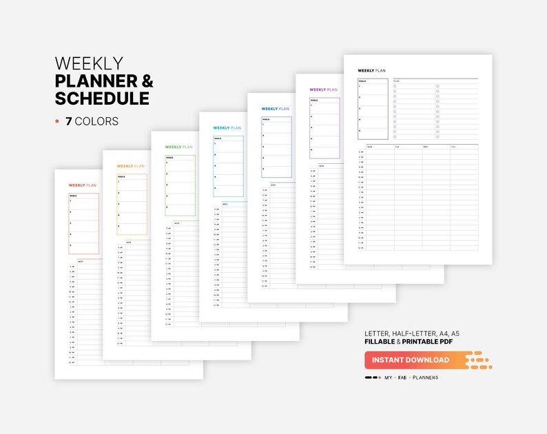 Weekly Planner, Schedule, Printable Week at a Glance Calendar, Fillable ...