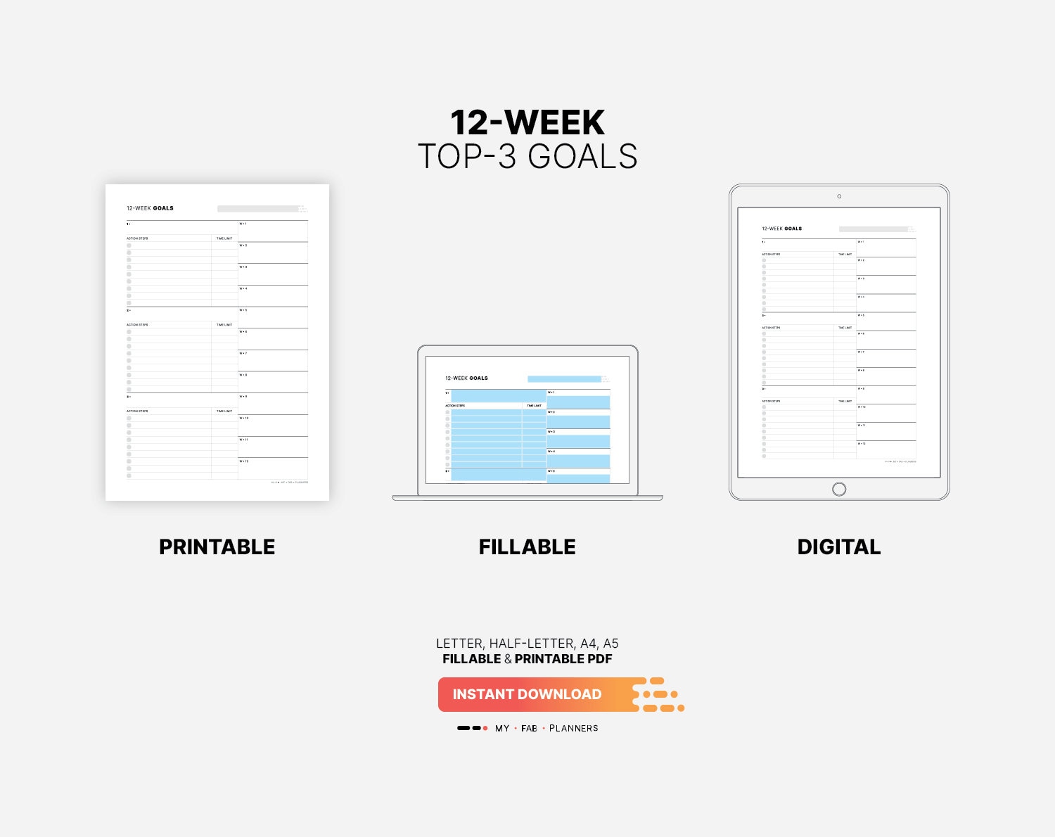 12 Week Top 3 Goals, Fillable Goal Setting & Crusher Overview Planner ...