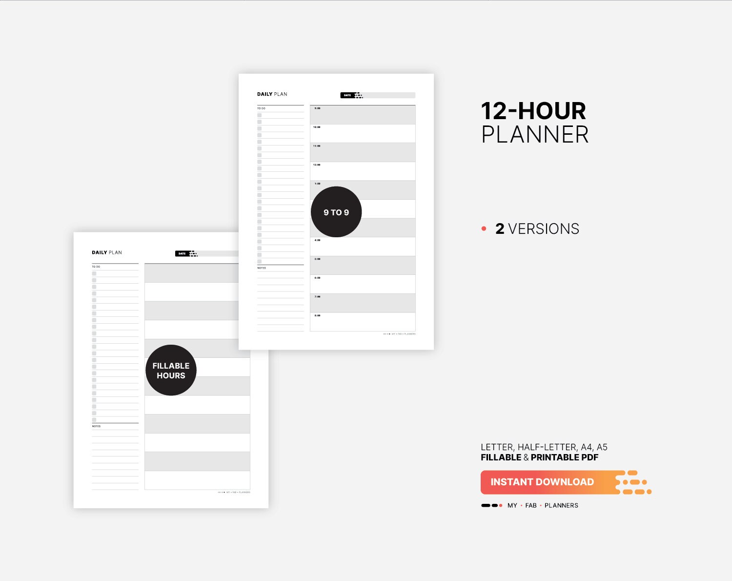 12-hour Planner, Printable Hourly Work, Study Task Schedule, Fillable ...