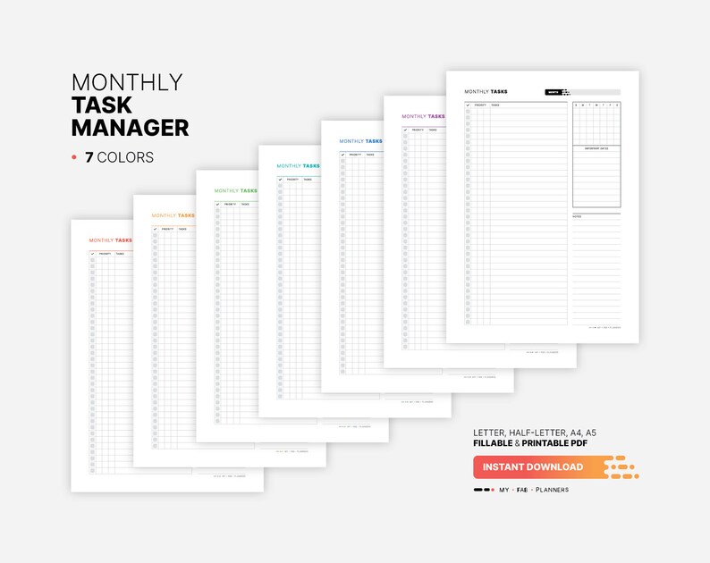 Monthly Task Manager & Planner, Printable to Do List Template, Work ...