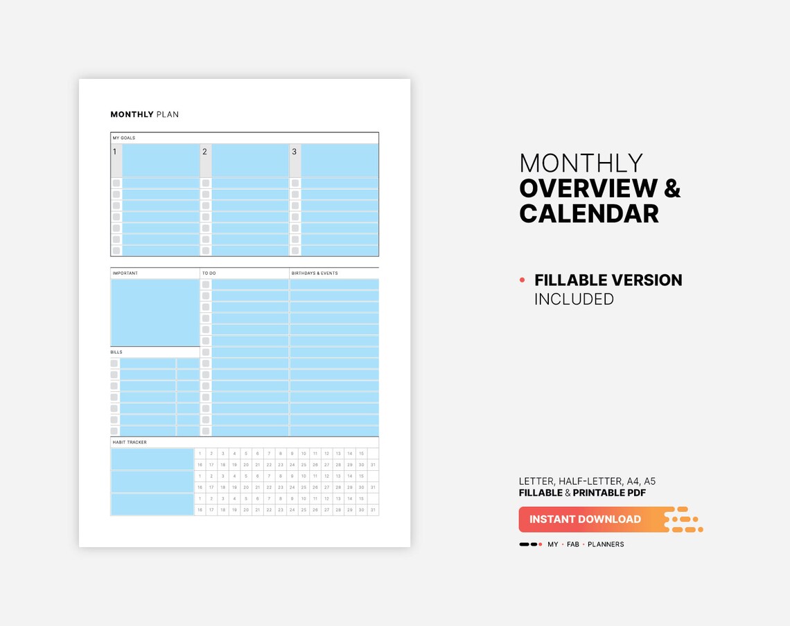Monthly Overview, Printable Blank Calendar, Fillable Goal Setting ...