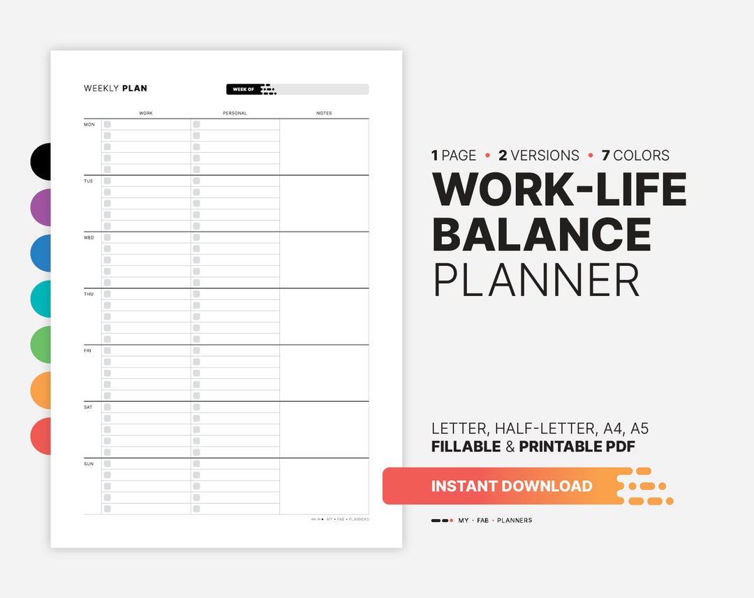 Weekly Work-life Balance Planner, Fillable Week's Task List, To-do ...