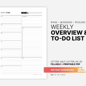 Weekly Overview on One Page, Week Ahead At-a-glance Planner, Fillable ...