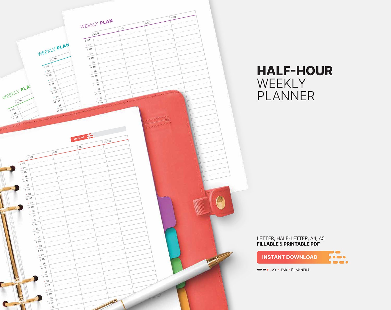 Half Hour Weekly Planner, Printable Fillable PDF Template - Etsy