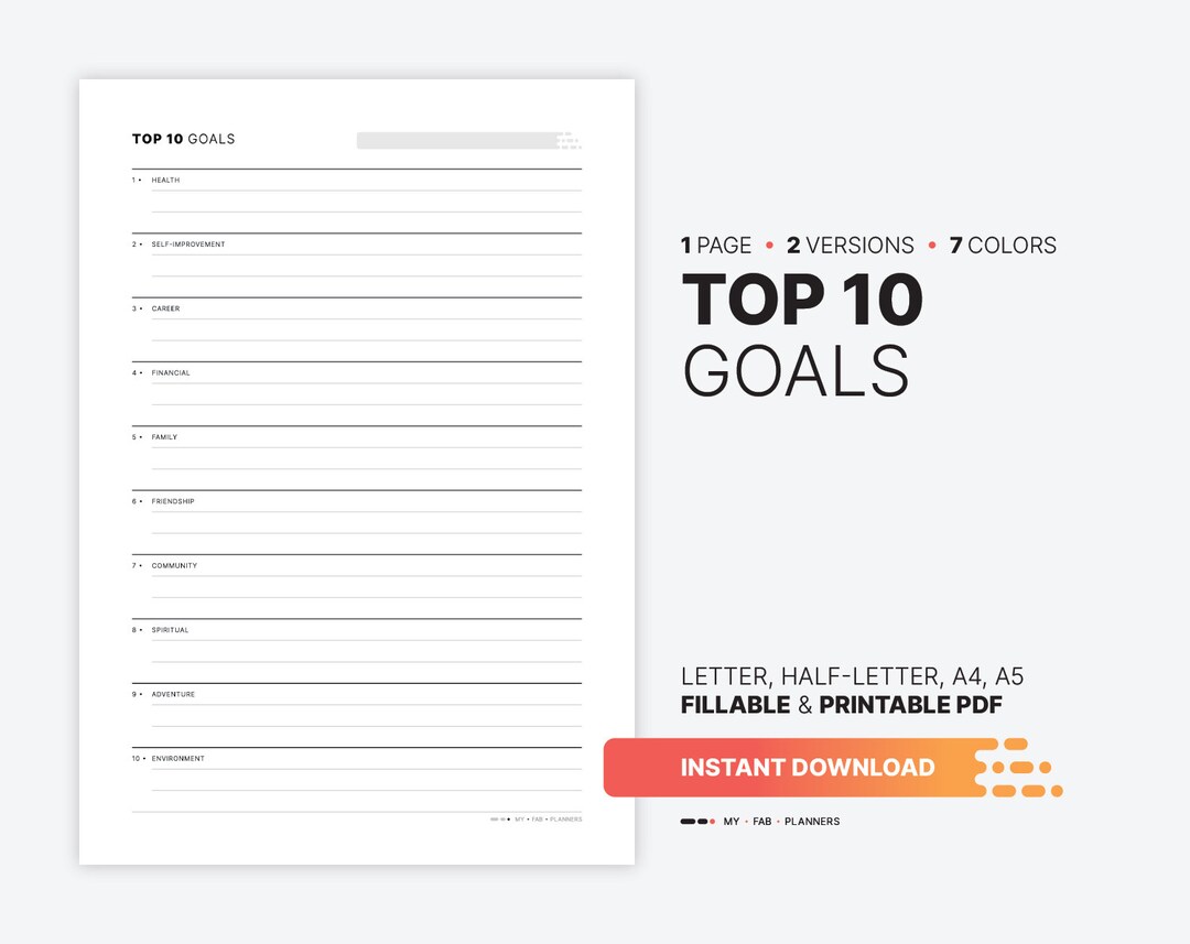 Top 10 Goals, Life Goal List Setting, Dashboard & Worksheet Planner ...