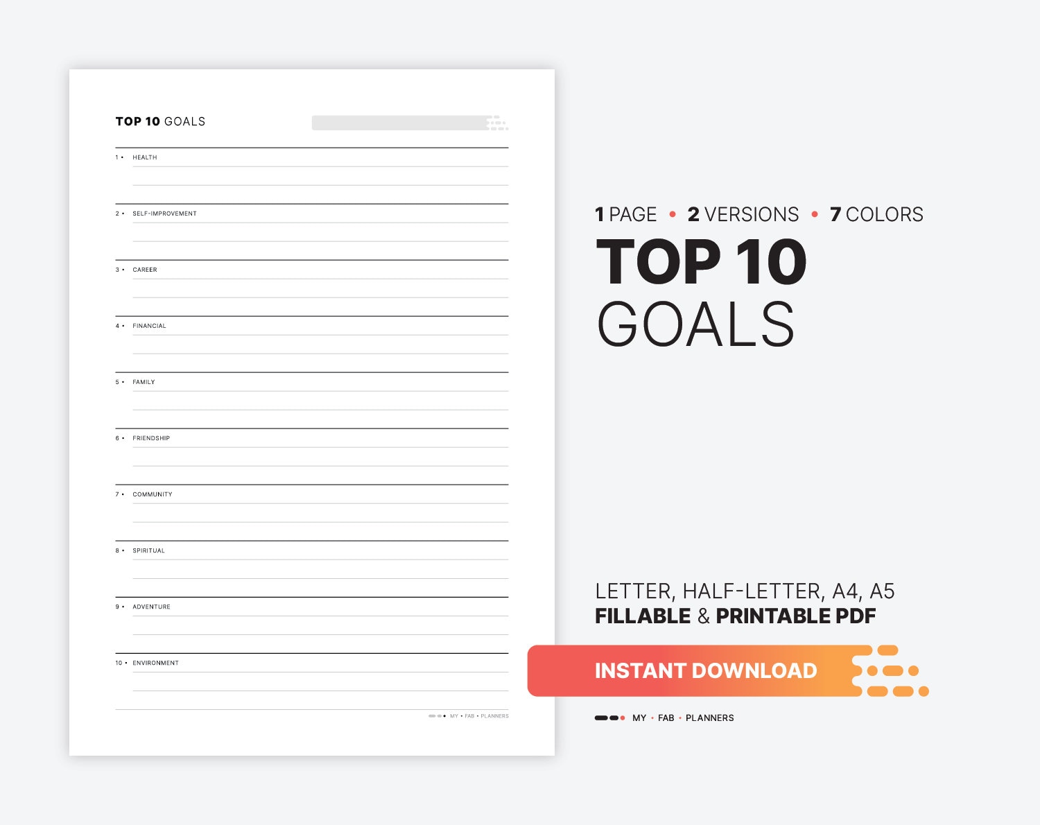 Top 10 Goals, Life Goal List Setting, Dashboard & Worksheet Planner ...