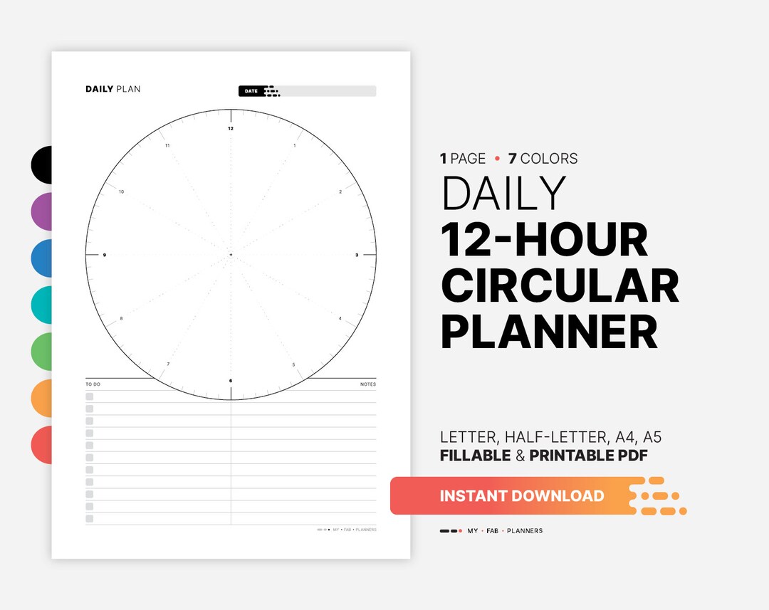 Daily 12-hour Circular Chart, Printable Visual Planner, Fillable ...