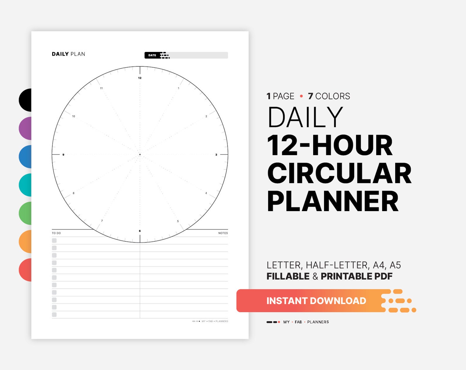 12-hour Circular Daily Planner, Fillable Time Blocking PDF - Etsy