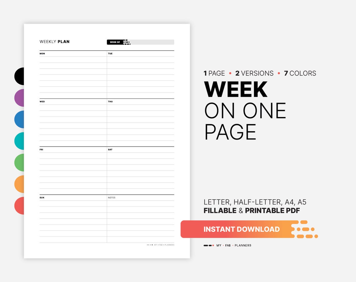 Week on One Page Overview, Organizer, Undated Fillable Weekly Routine ...