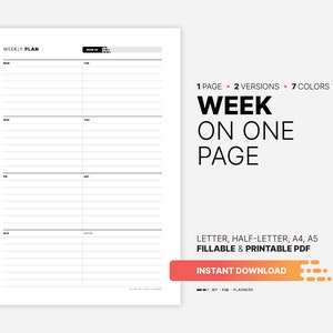 Week on One Page Overview, Organizer, Undated Fillable Weekly Routine ...