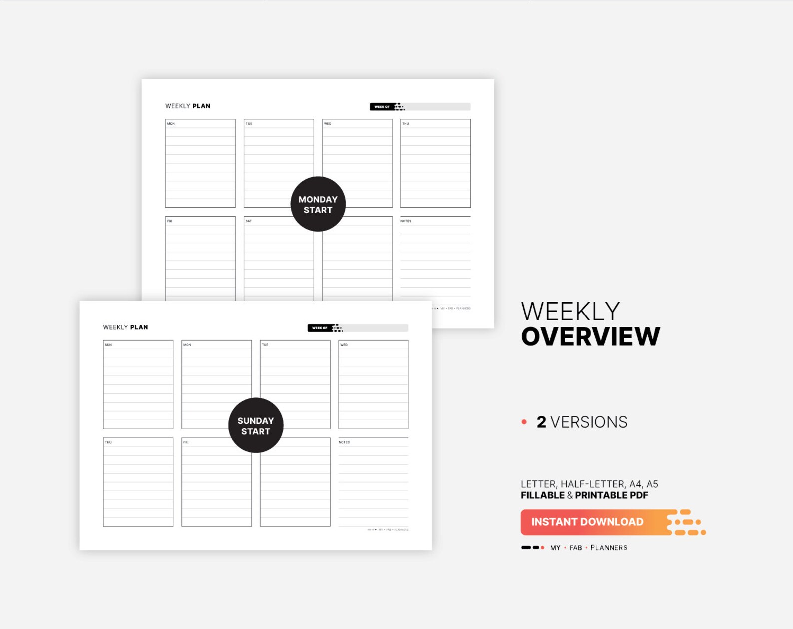 Weekly Overview, Work Productivity Planner, Fillable Schedule, Undated ...