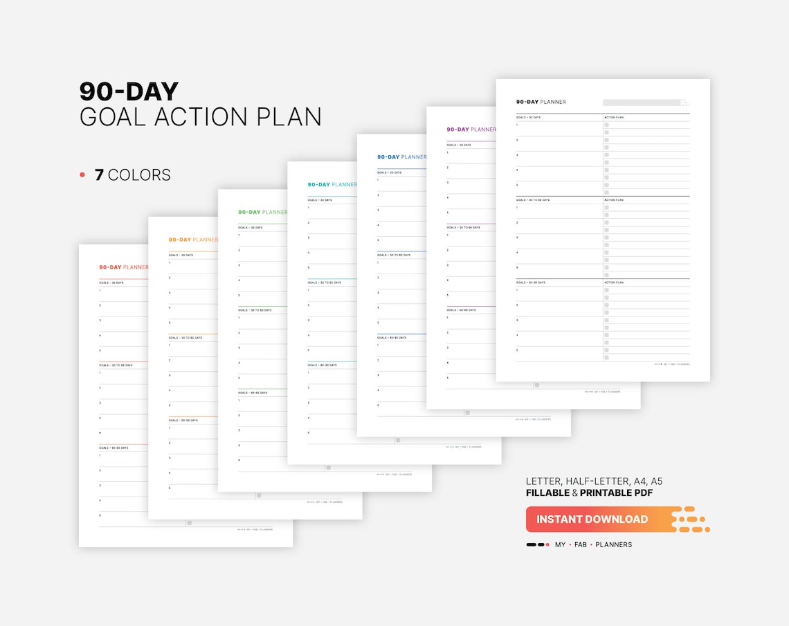 90-day Goal Action Plan, Fillable Goal Setting Worksheet, Chart List ...