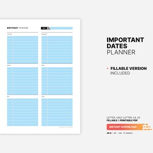 Important Dates Planner, Fillable Birthday Tracker (digital PDF) - Etsy