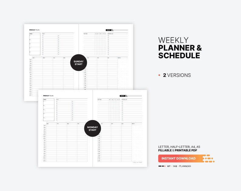 Weekly Planner, Schedule, Printable Week at a Glance Calendar, Fillable ...