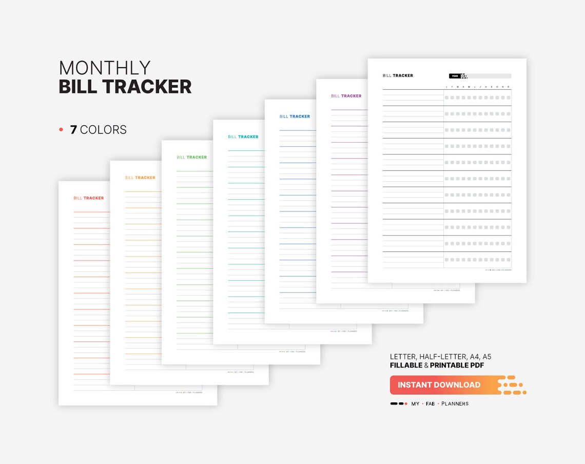Monthly Bill Tracker, Fillable Financial Planner, Bills Due & Payment ...